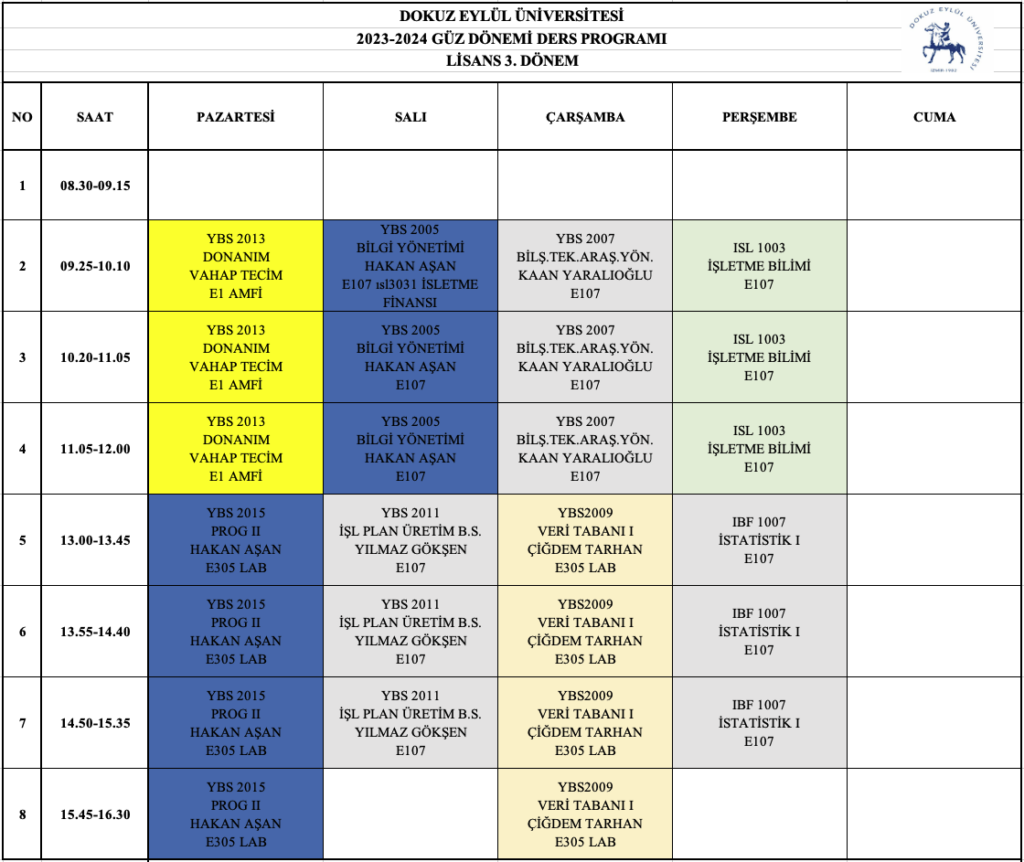 DEÜ YBS 2023-2024 Güz Dönemi Lisans Ders Programları – Yönetim Bilişim Sistemleri