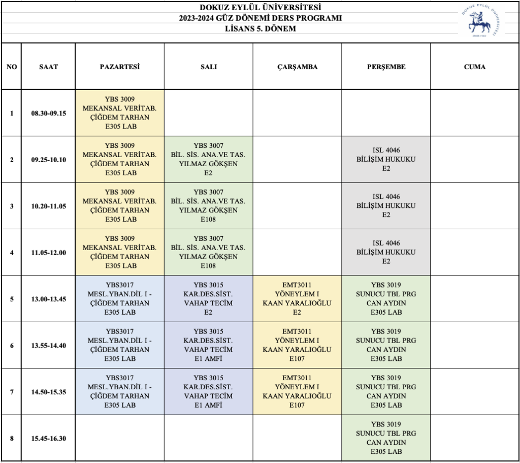 DEÜ YBS 2023-2024 Güz Dönemi Lisans Ders Programları – Yönetim Bilişim Sistemleri