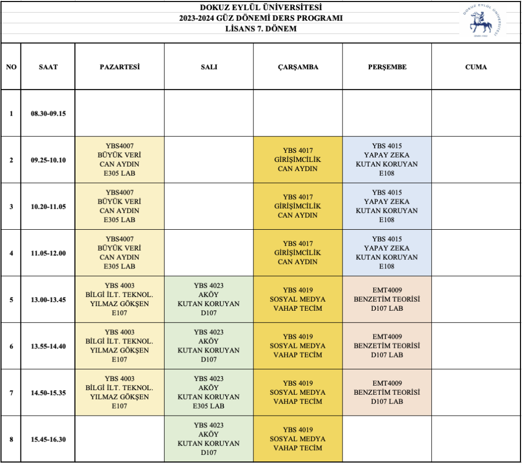 DEÜ YBS 2023-2024 Güz Dönemi Lisans Ders Programları – Yönetim Bilişim Sistemleri