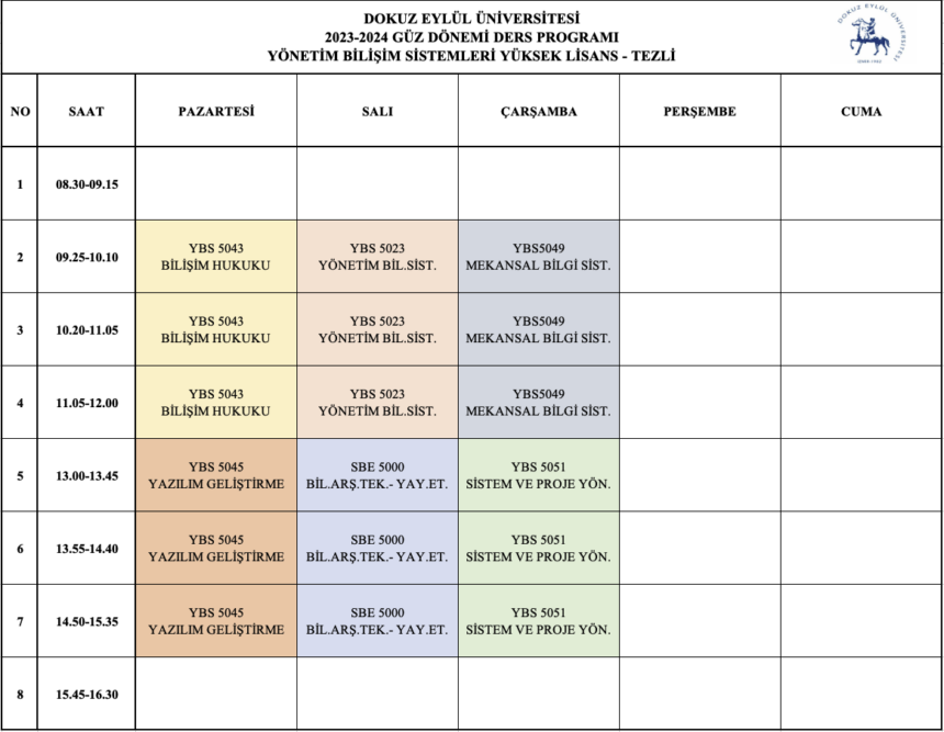 DEÜ YBS 2023-2024 Güz Dönemi Yüksek Lisans ve Doktora Ders Programları – Yönetim Bilişim Sistemleri