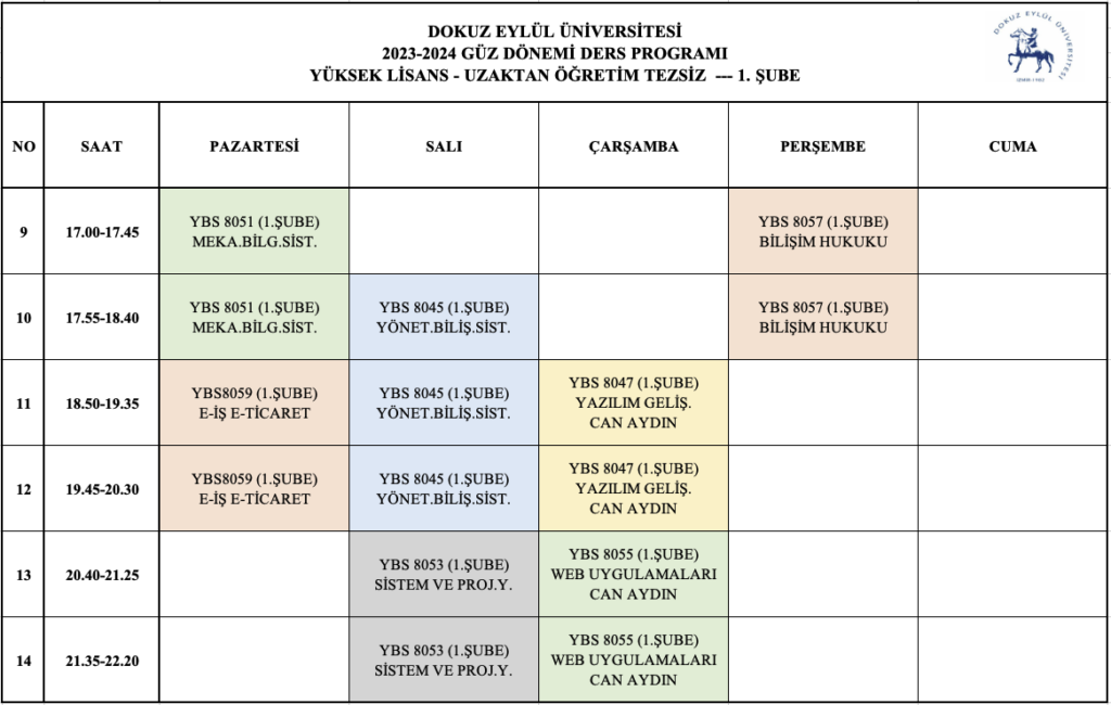 DEÜ YBS 2023-2024 Güz Dönemi Yüksek Lisans ve Doktora Ders Programları – Yönetim Bilişim Sistemleri